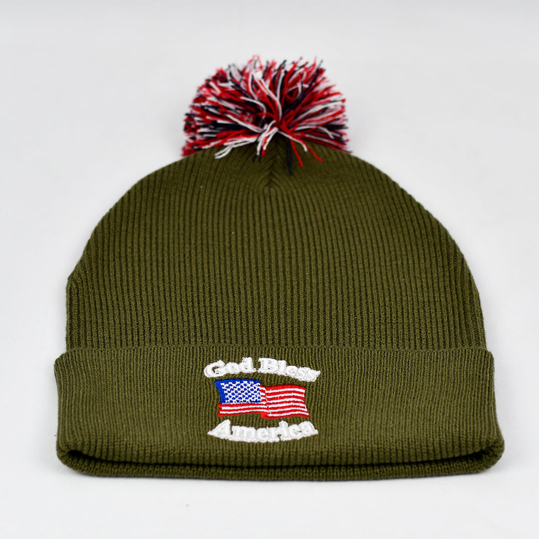 “God Bless America” w/ American Flag & RWB Pom-Pom Olive Green Knit Ca ...