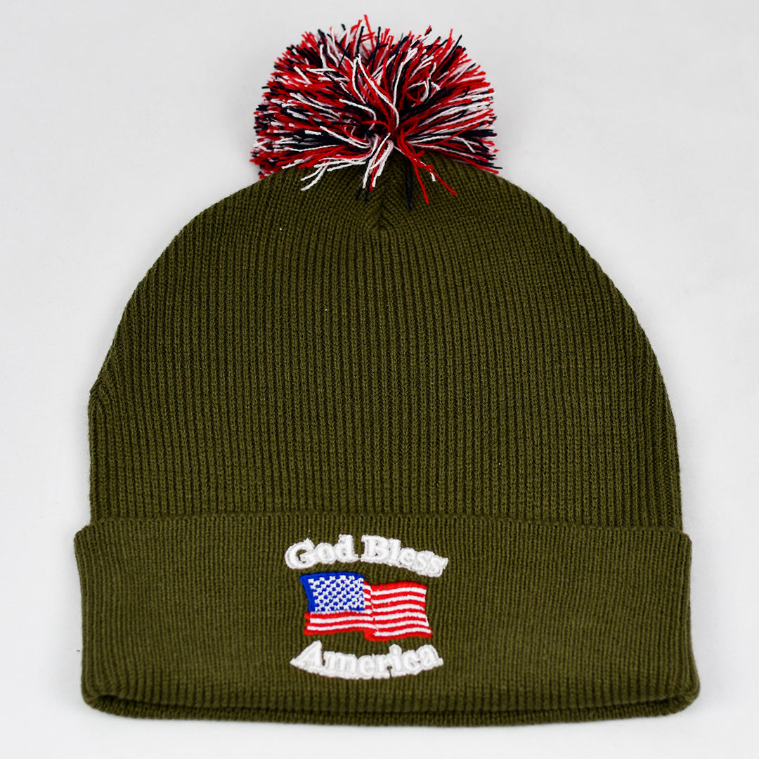 “God Bless America” w/ American Flag & RWB Pom-Pom Olive Green Knit Ca ...
