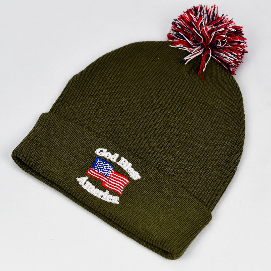 “God Bless America” w/ American Flag & RWB Pom-Pom Olive Green Knit Ca ...